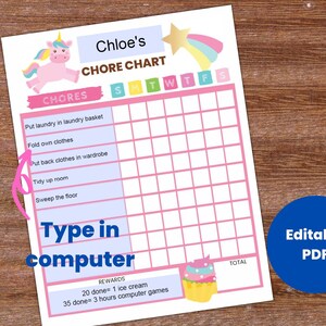 Unicorn Chore Chart for Kids Printable, Editable Kids' Chore Chart ...