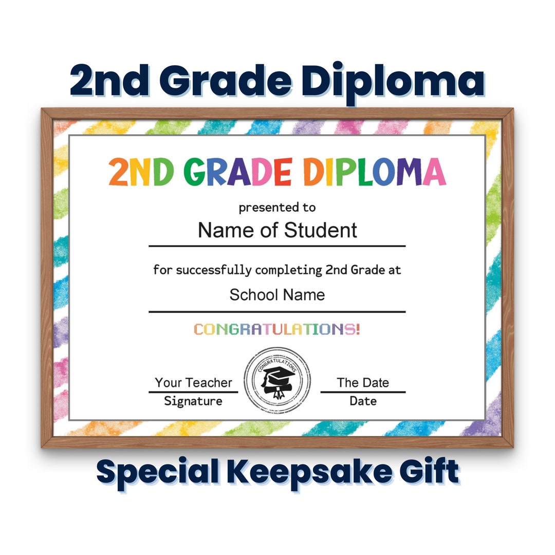 Second Grade Diploma Certificate Template, Custom Printable 2nd Grade ...