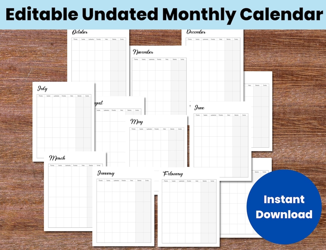 Blank Monthly Calendar Printable, Editable Undated Calendar, Minimalist ...