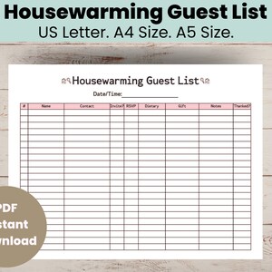 Housewarming Party Guest List Template Bundle, Guest List Tracker - Etsy