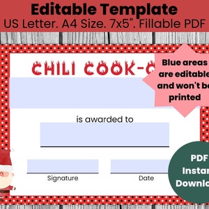 Chili Cook off Award Certificates Template Editable, Cookoff Contest ...