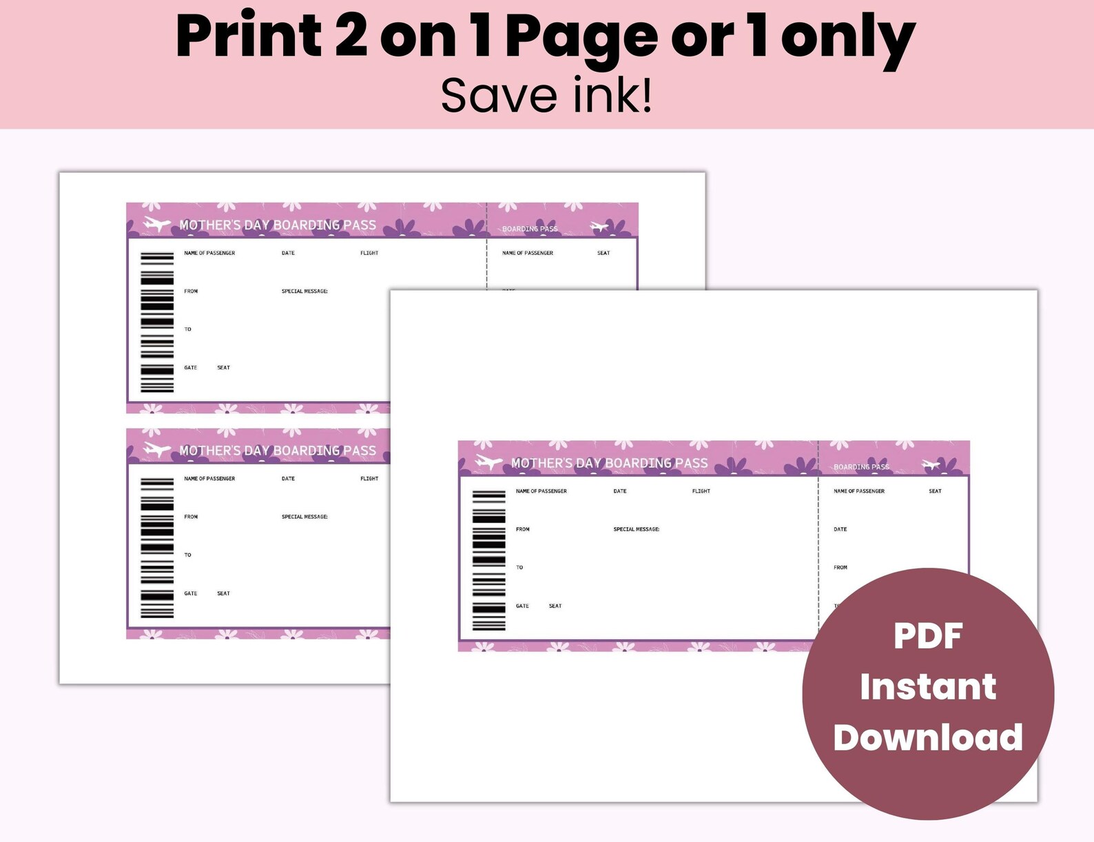 Custom Mothers Day Editable Boarding Pass Template, Plane Ticket Gift ...
