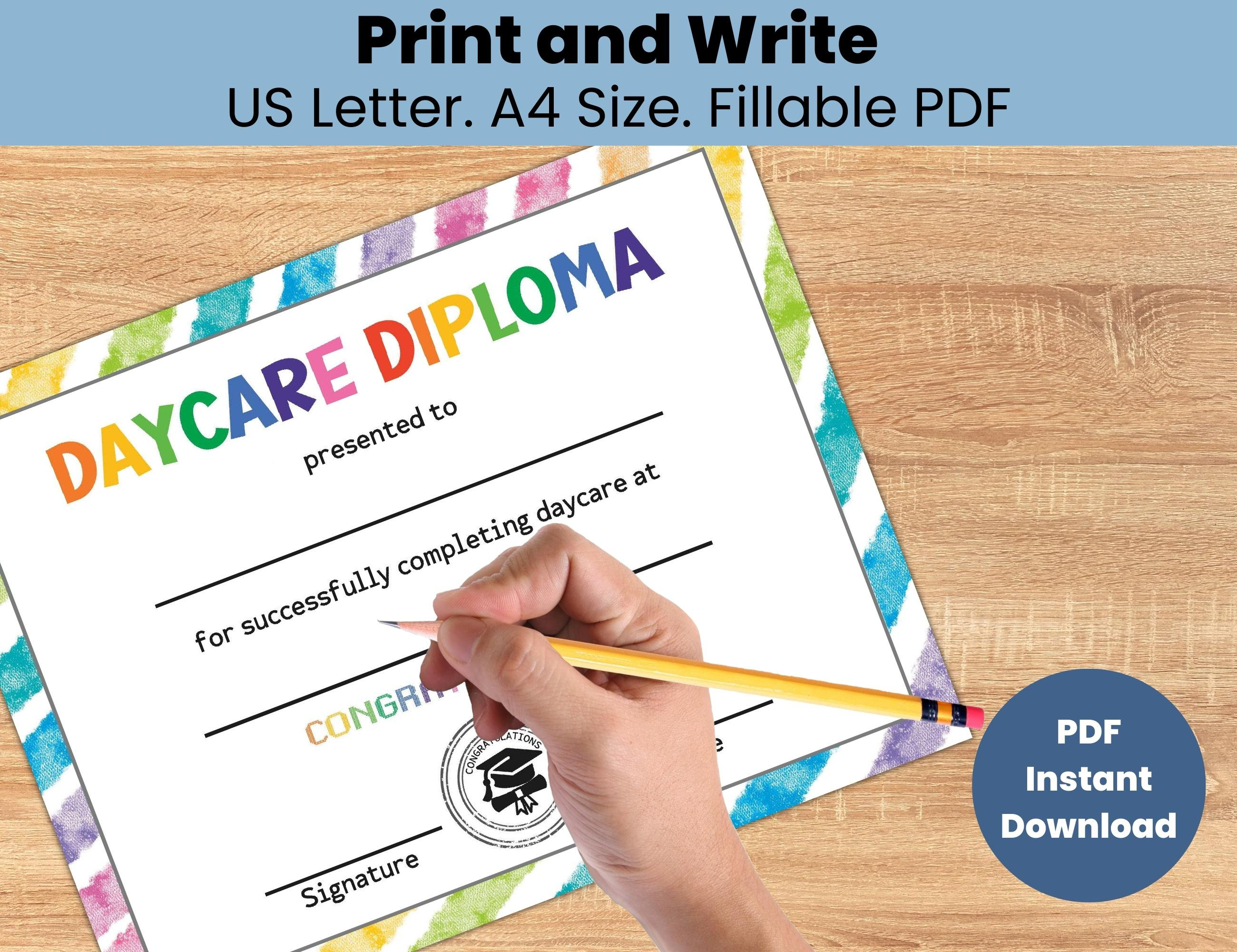 Daycare Diploma Certificate Template, Custom Printable Diploma for Kids ...