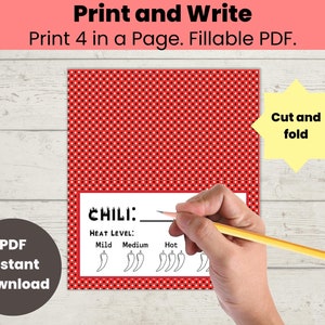 Chili Cook off Folded Place Card Template, Chili Cook off Label, Chili ...