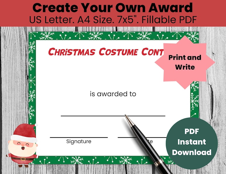 Christmas Costume Contest Awards Certificate Template Editable, Ugly ...
