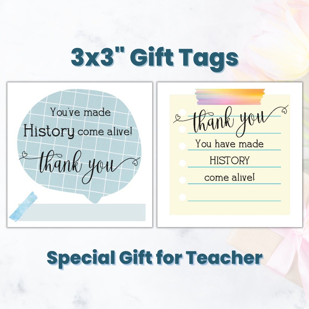 History Teacher Appreciation Gift Tags Printable, Thank You Note ...