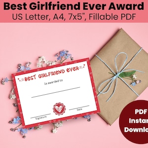 Best Girlfriend Ever Award Certificate, Personalized Love Certificate ...