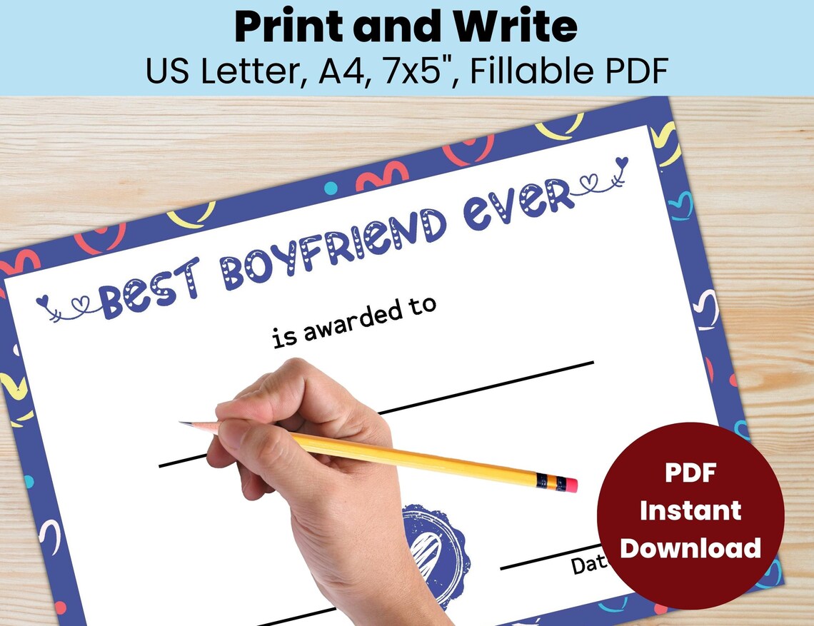 Best Boyfriend Ever Award Certificate, Personalized Love Certificate ...
