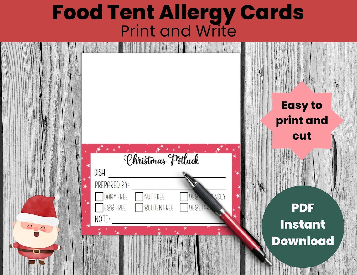 Christmas Potluck Food Tent Card, Potluck Food Allergy Card, Holiday ...