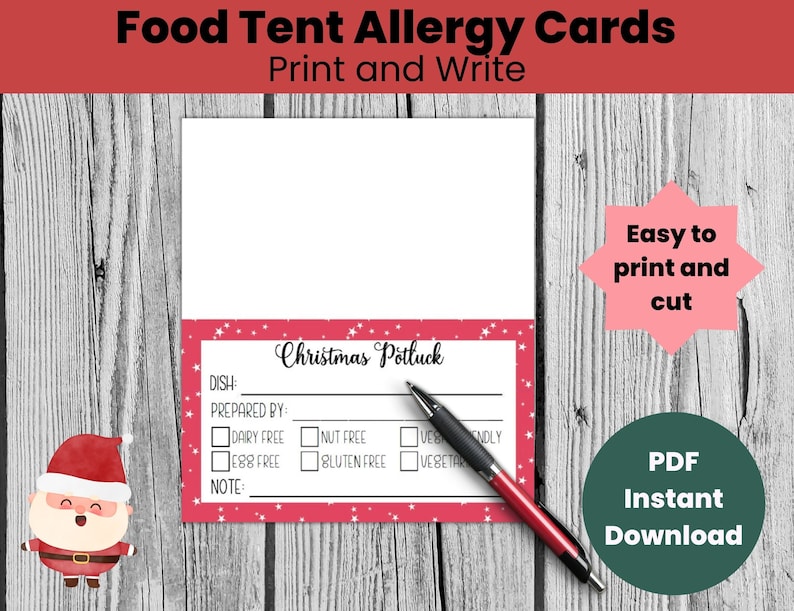 Christmas Potluck Food Tent Card, Potluck Food Allergy Card, Holiday ...