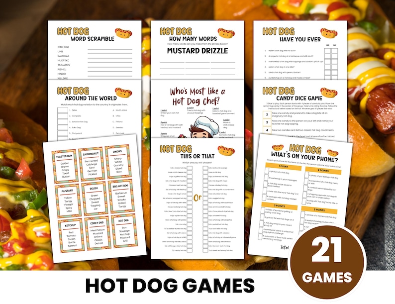 Hot Dog Party Games Bundle, National Hot Dog Day, Food Truck Theme ...