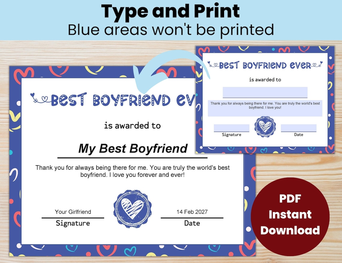 Best Boyfriend Ever Award Certificate, Personalized Love Certificate ...