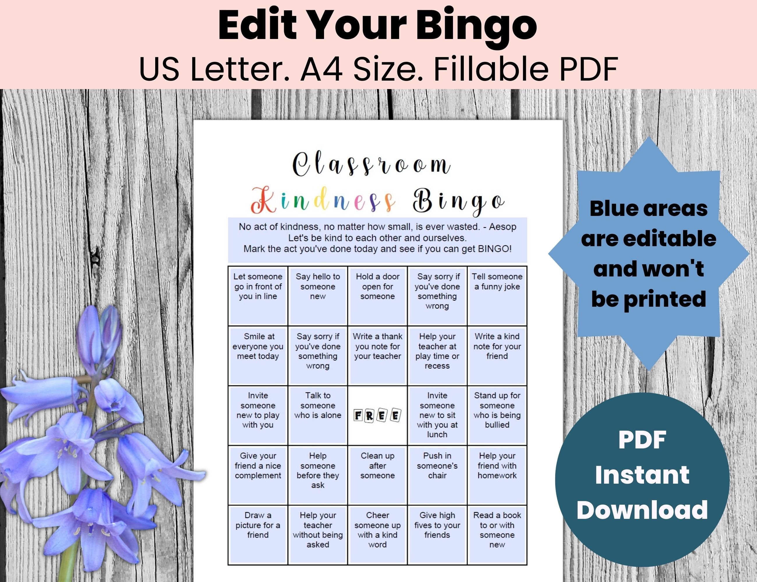Kindness Bingo for Class, Personalized Bingo for Kids, Kindness ...
