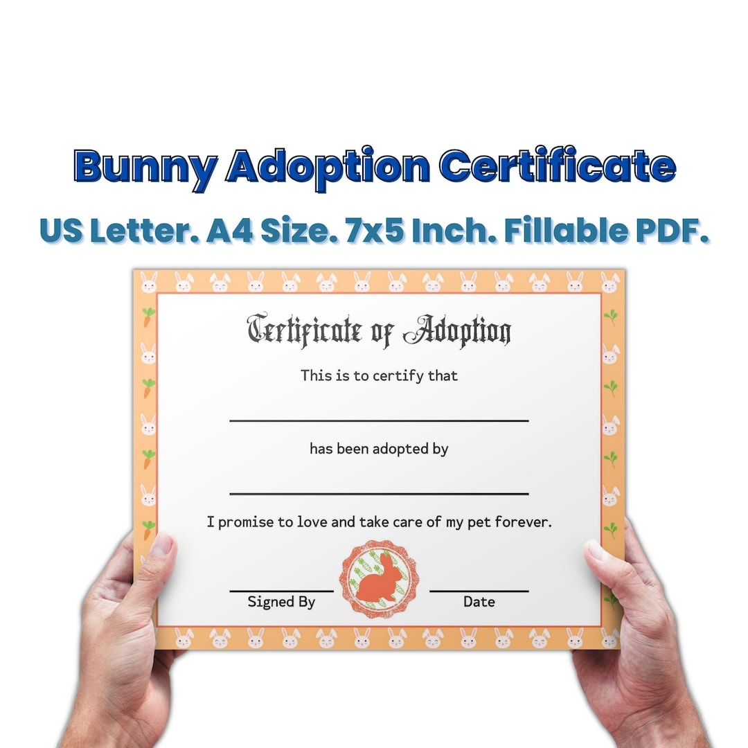 Bunny Rabbit Adoption Certificate, Custom Editable Certificate Template ...