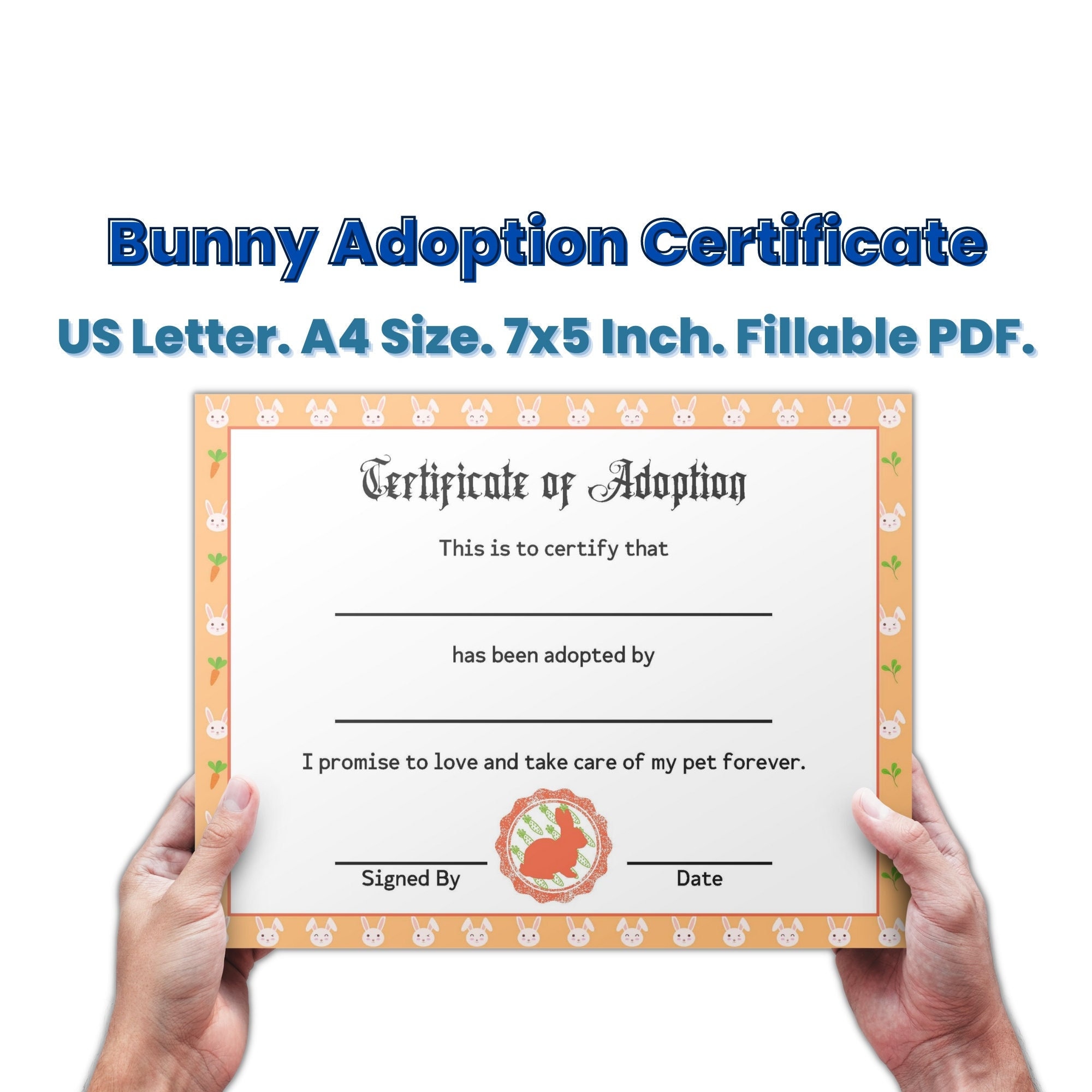 Bunny Rabbit Adoption Certificate, Custom Editable Certificate Template ...