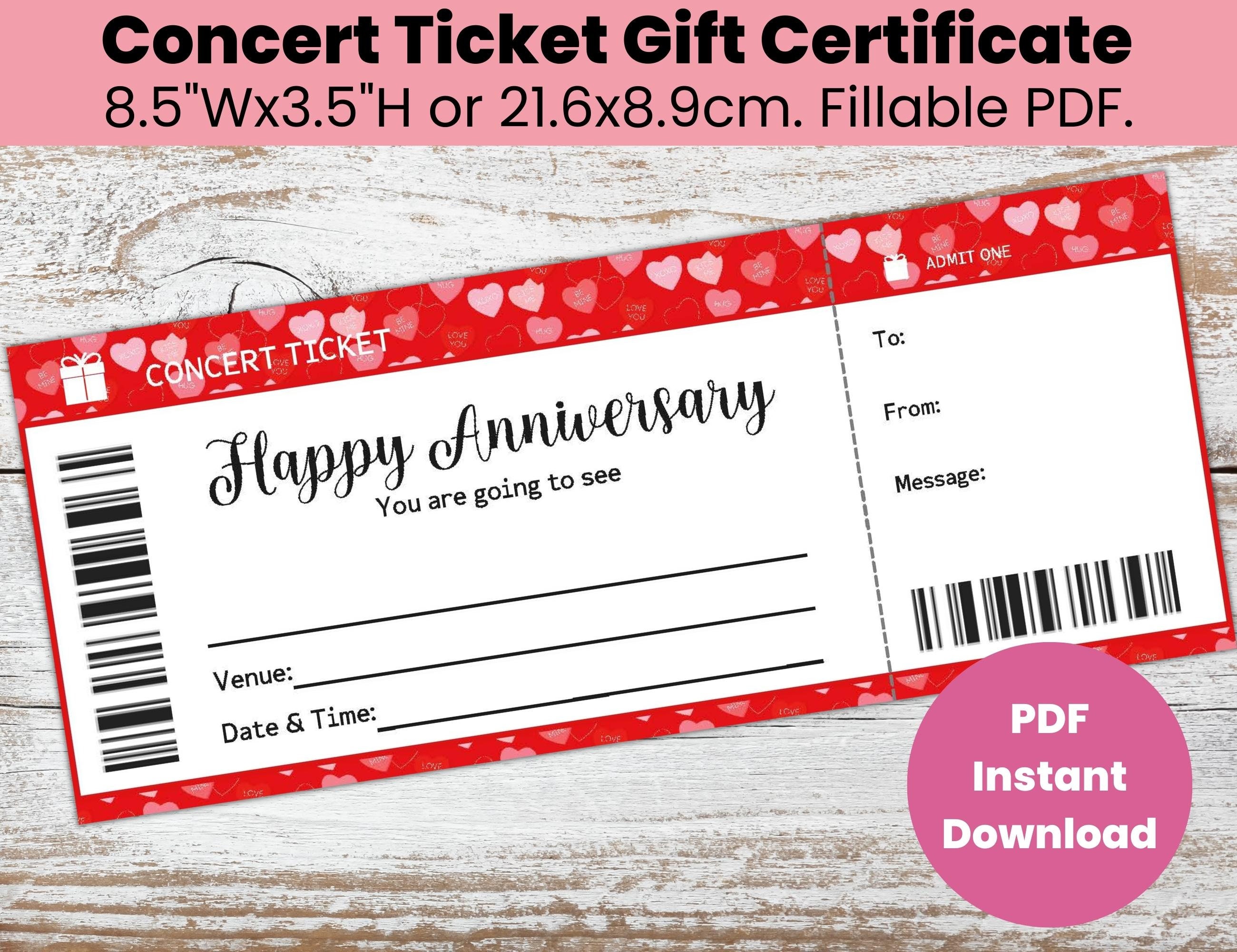 Anniversary Editable Concert Ticket Template Gift Certificate ...