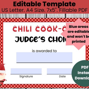 Chili Cook off Award Certificate Template for Judge's Choice, Chili ...