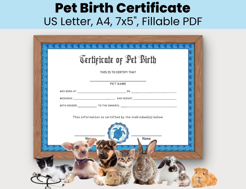 Personalized Pet Turtle Birth Certificate Template Editable, New Pet ...