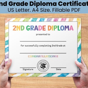 Second Grade Diploma Certificate Template, Custom Printable 2nd Grade ...