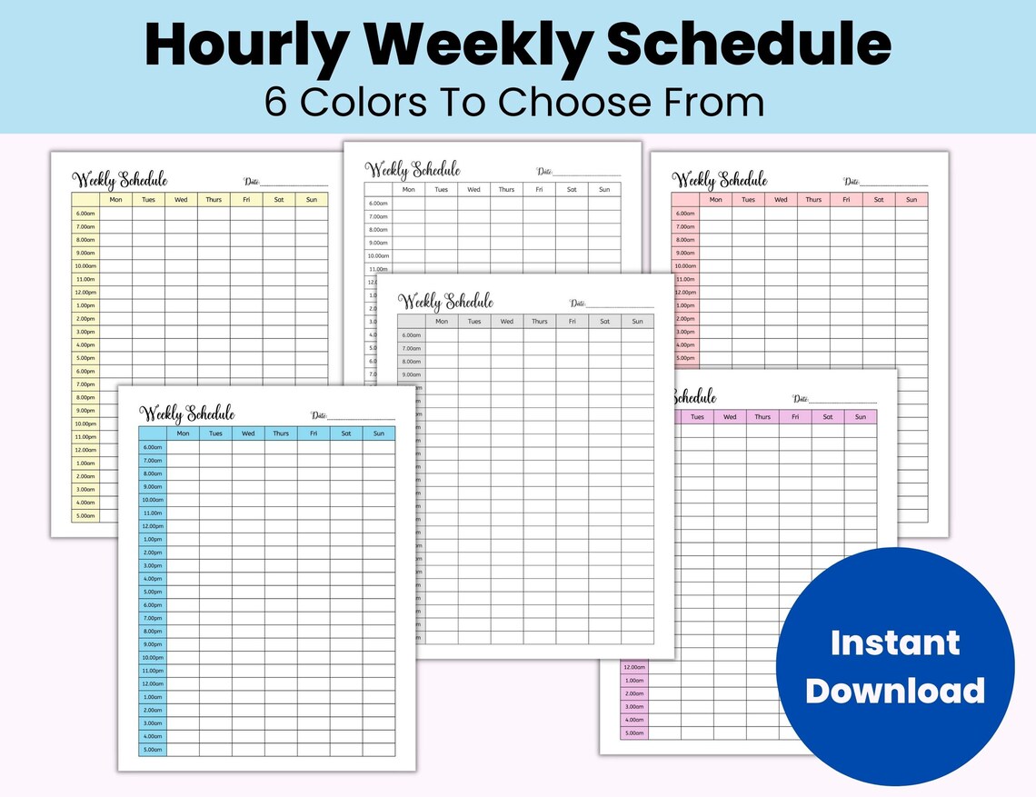 Hourly Weekly Schedule Printable, Editable Weekly Checklist, Weekly ...