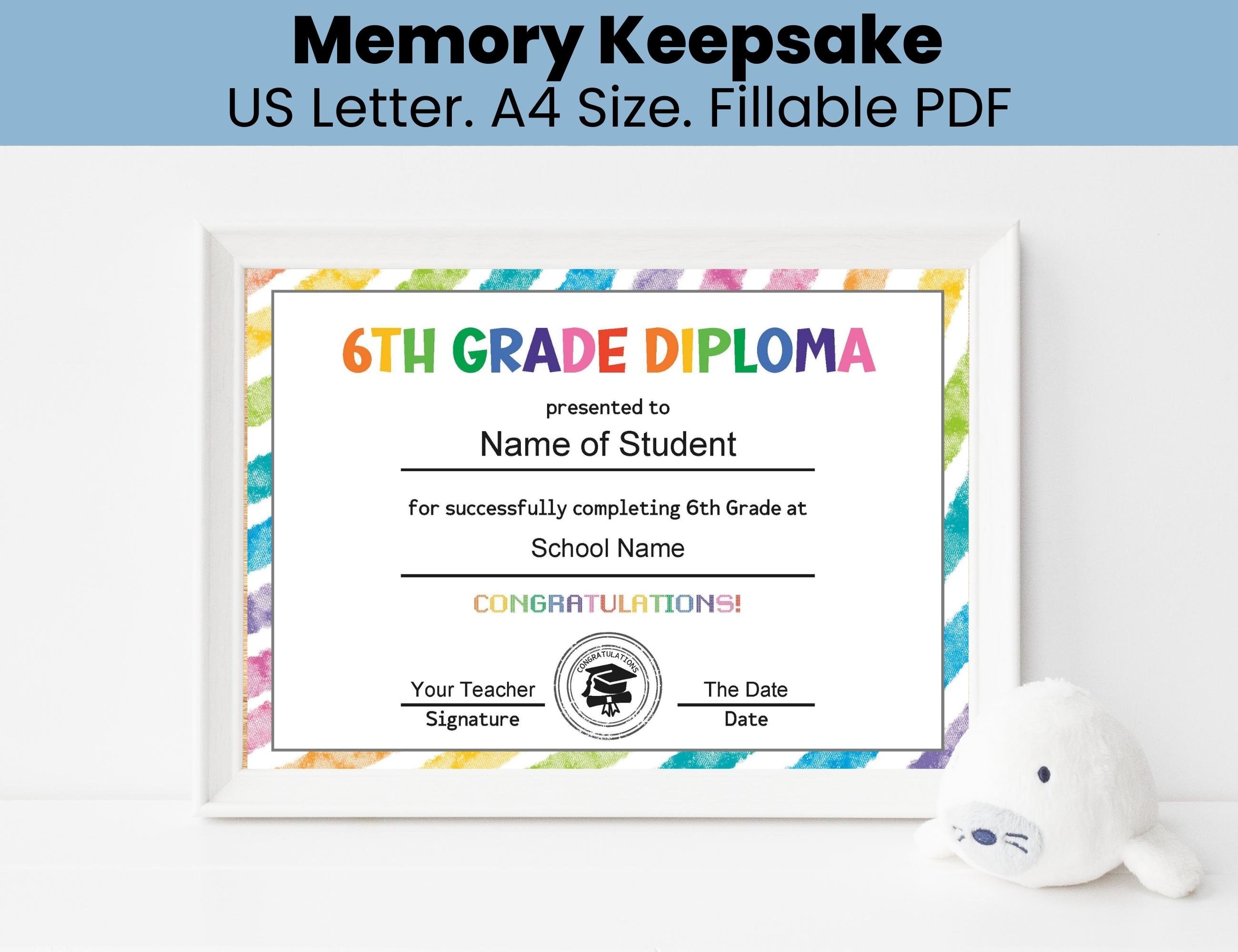 Sixth Grade Diploma Certificate Template, Custom Printable 6th Grade ...