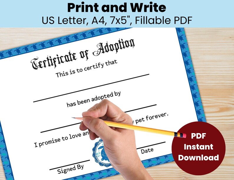Pet Turtle Adoption Certificate, Custom Editable Certificate Template ...