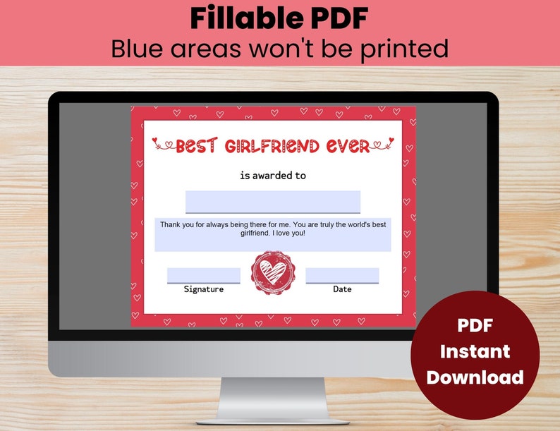 Best Girlfriend Ever Award Certificate, Personalized Love Certificate ...
