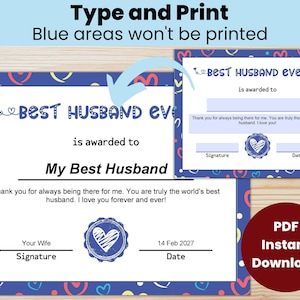 Best Husband Ever Award Certificate, Personalized Love Certificate ...