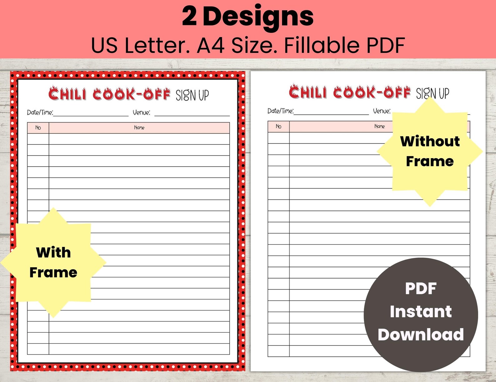 Chili Cook off Sign up Sheet Template Editable, Cooking Contest Prep ...