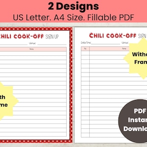 Chili Cook off Sign up Sheet Template Editable, Cooking Contest Prep ...