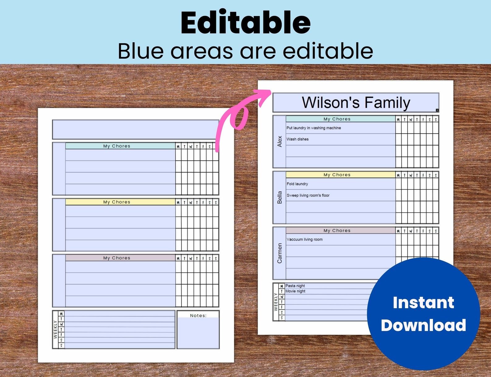 Editable Family Chore Chart for Family of 3, Chore Tracker, Chore Chart ...