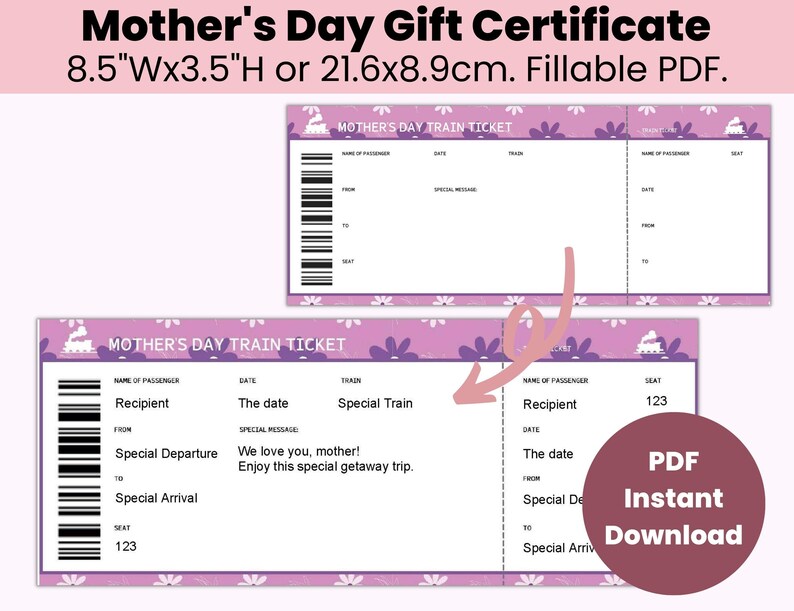 Personalized Mothers Day Train Ticket Gift Coupon Template, Train ...