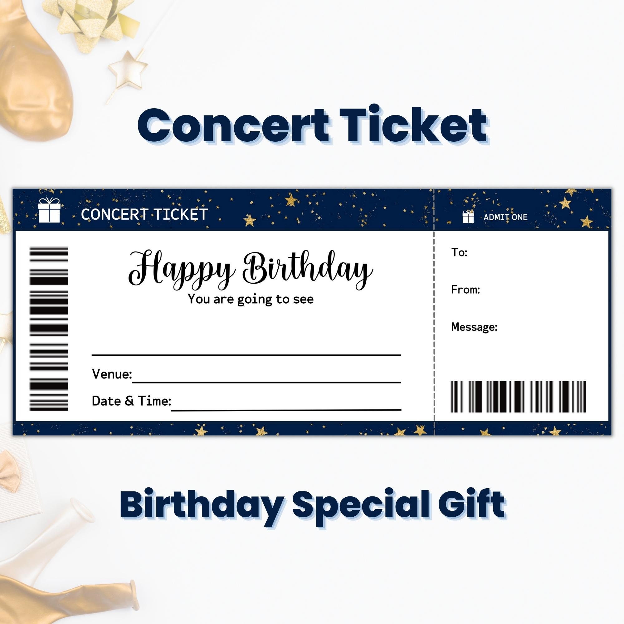 Concert Ticket Template for Birthday Gift Coupon, Custom Happy Birthday Gift Certificate ...