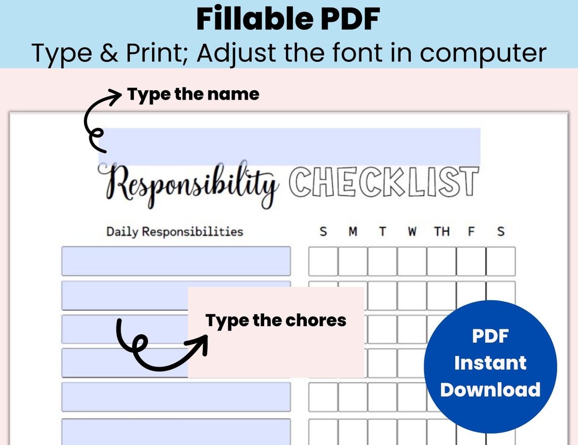 Kids Responsibility Checklist Template Responsibility Chart - Etsy