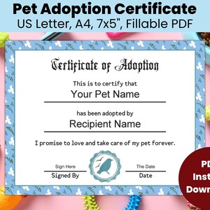 Pet Bird Adoption Certificate, Custom Editable Certificate Template for ...