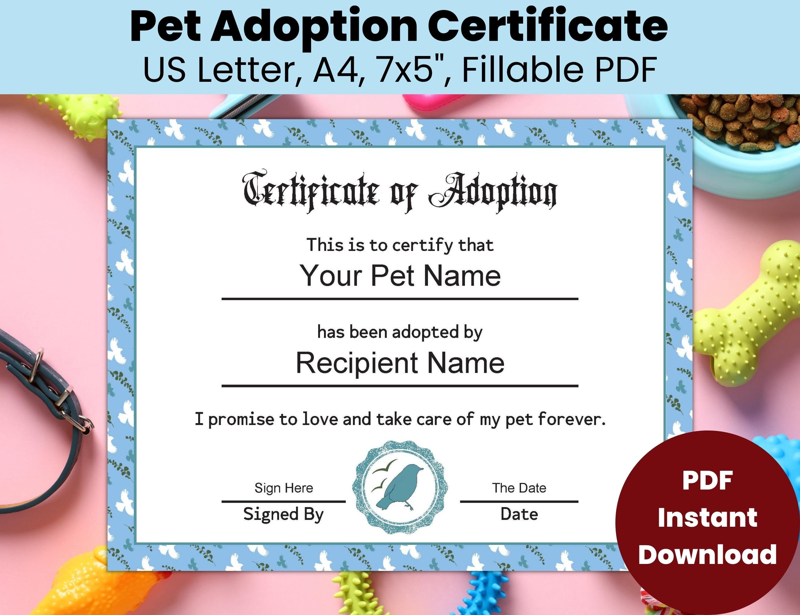 Pet Bird Adoption Certificate, Custom Editable Certificate Template for ...