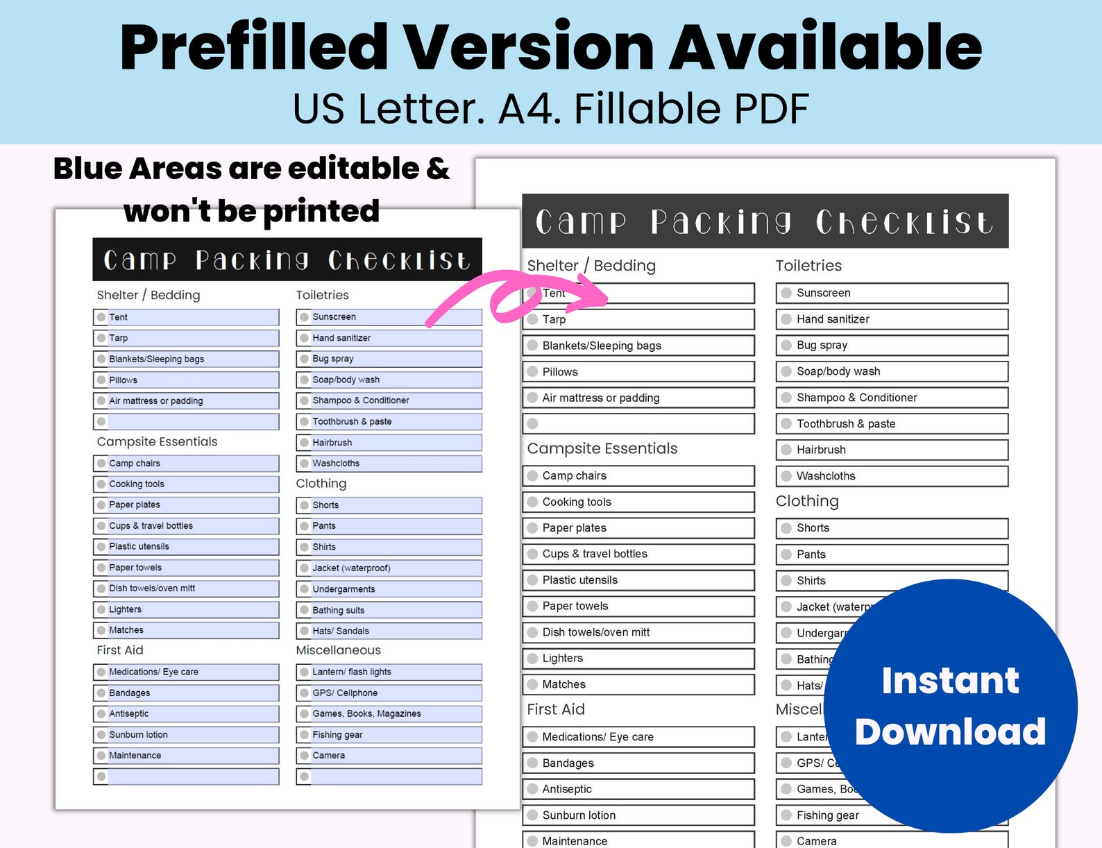 Camp Packing List Template, Editable Packing List for Camp, Printable ...