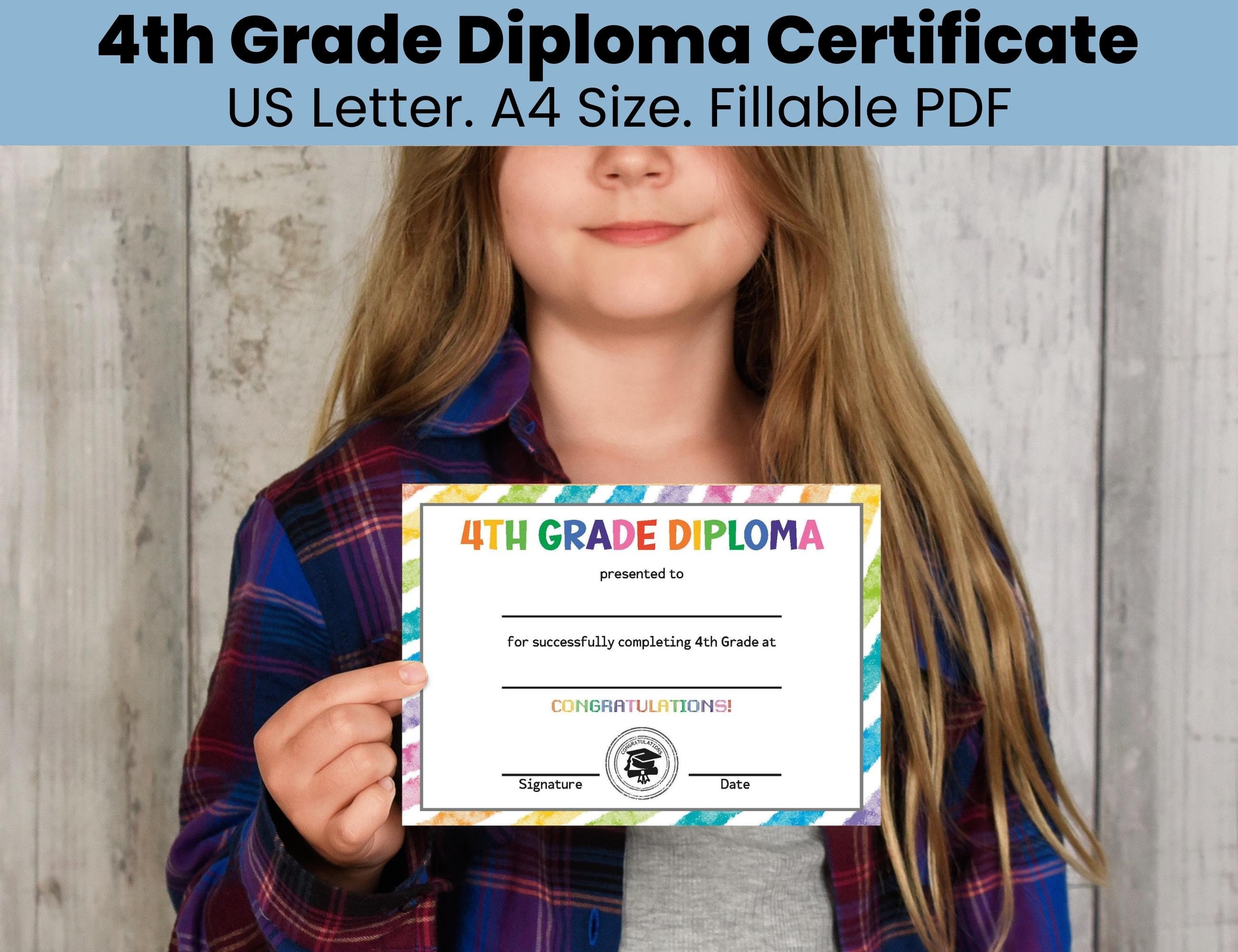Forth Grade Diploma Certificate Template, Custom Printable 4th Grade ...
