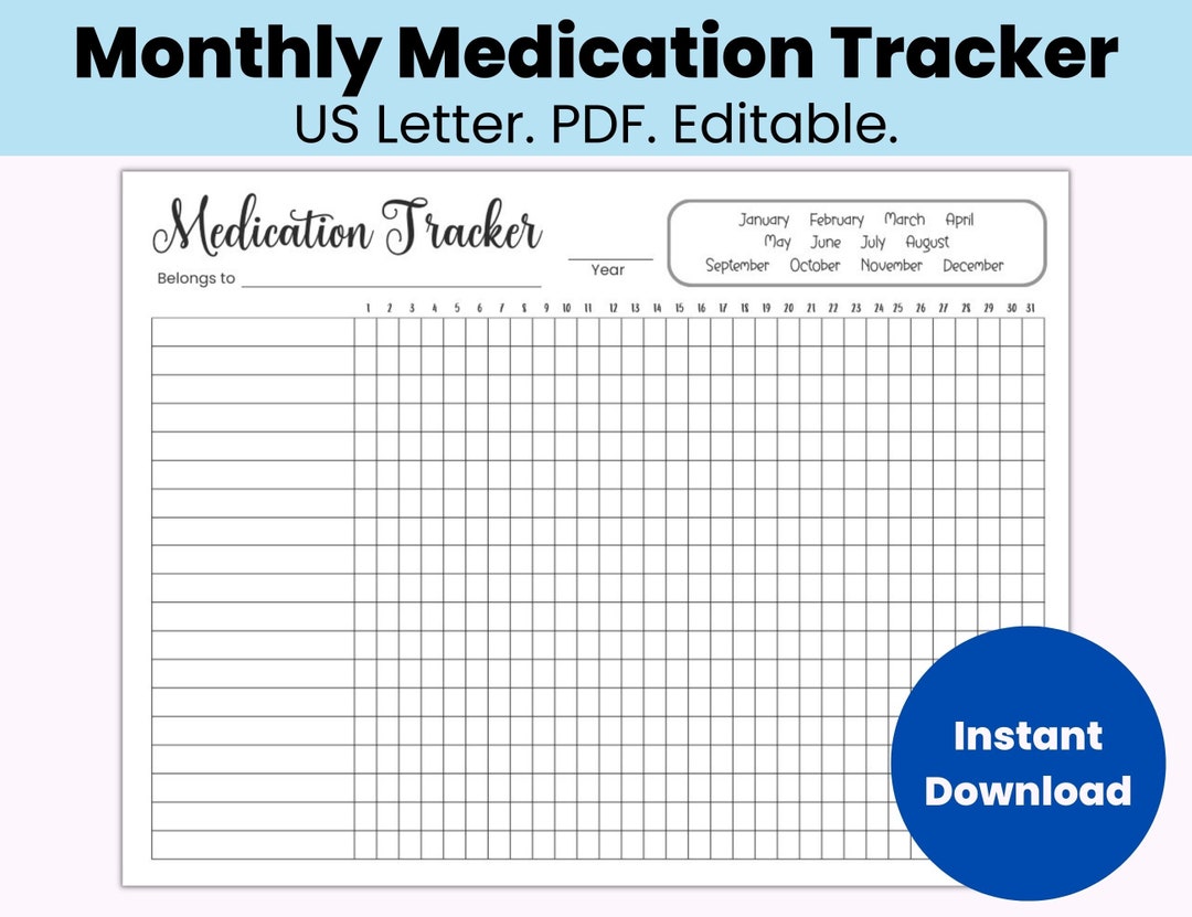 Monthly Medication Tracker Printable, Editable Medication Chart ...