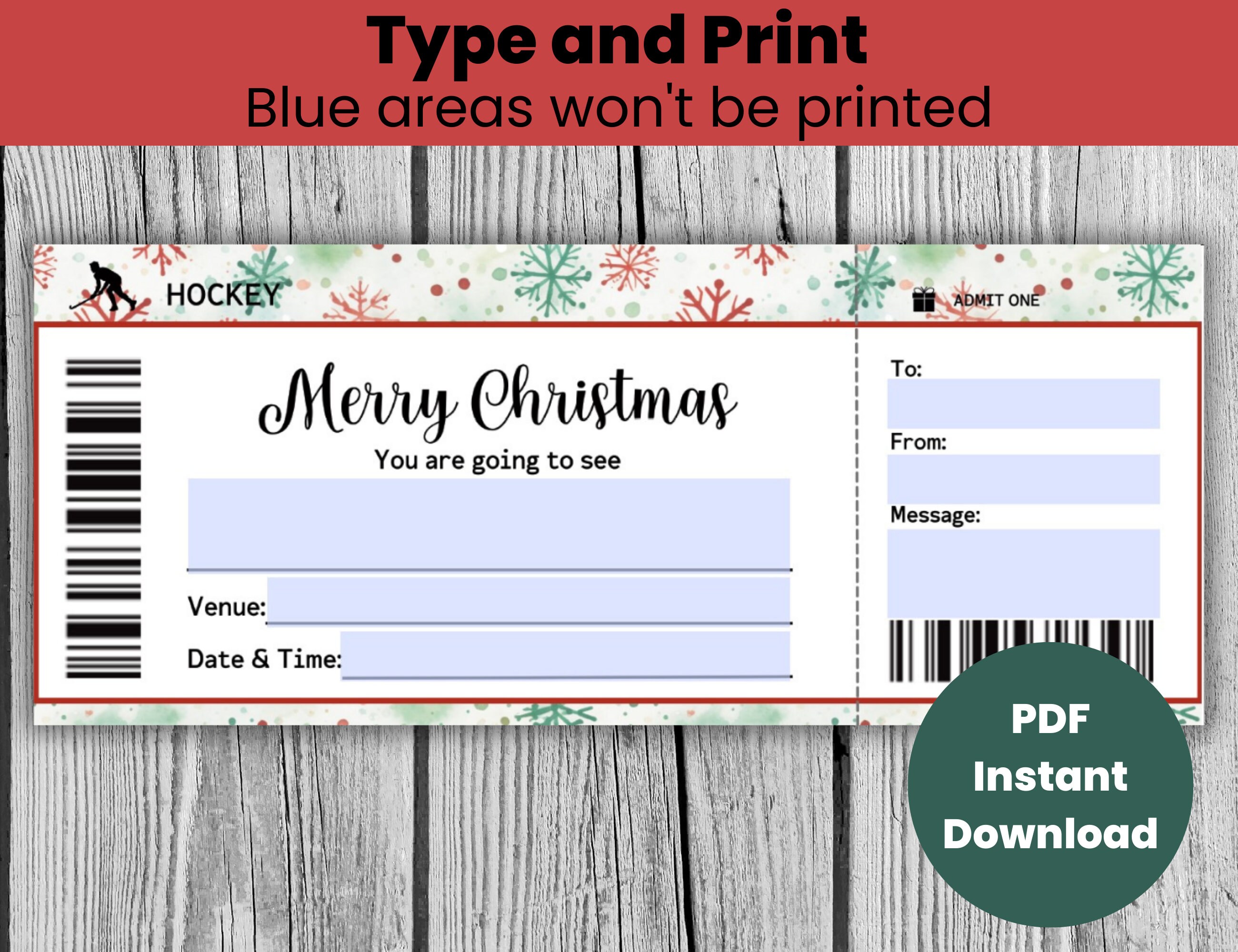 Custom Christmas Hockey Ticket Template, Fake Sports Ticket Gift ...
