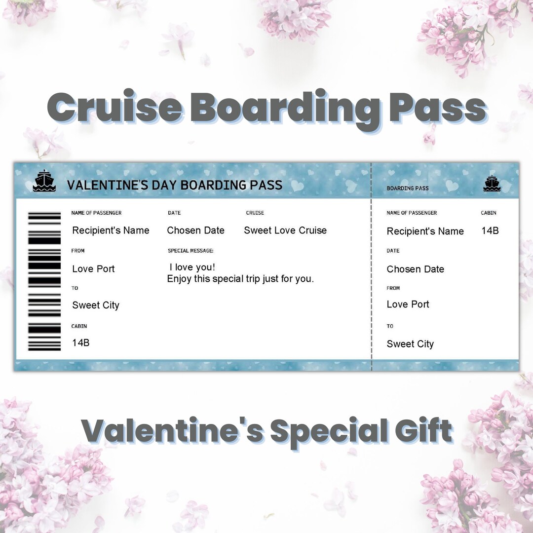 Custom Valentines Cruise Ticket Gift Voucher Template, Cruise Boarding ...