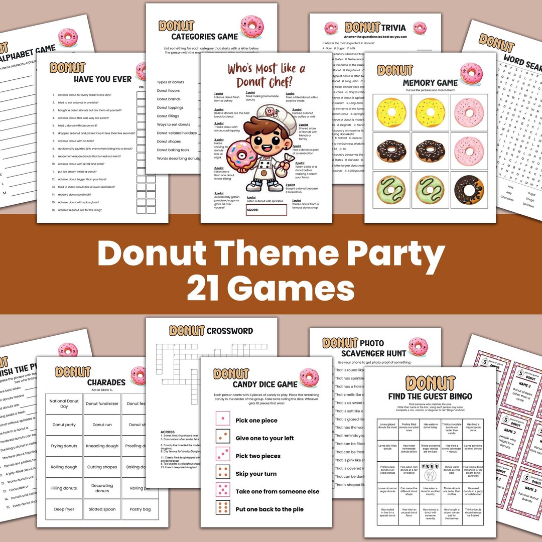 Donut Themed Party Games Bundle, Donut Grow up Party Game, National ...