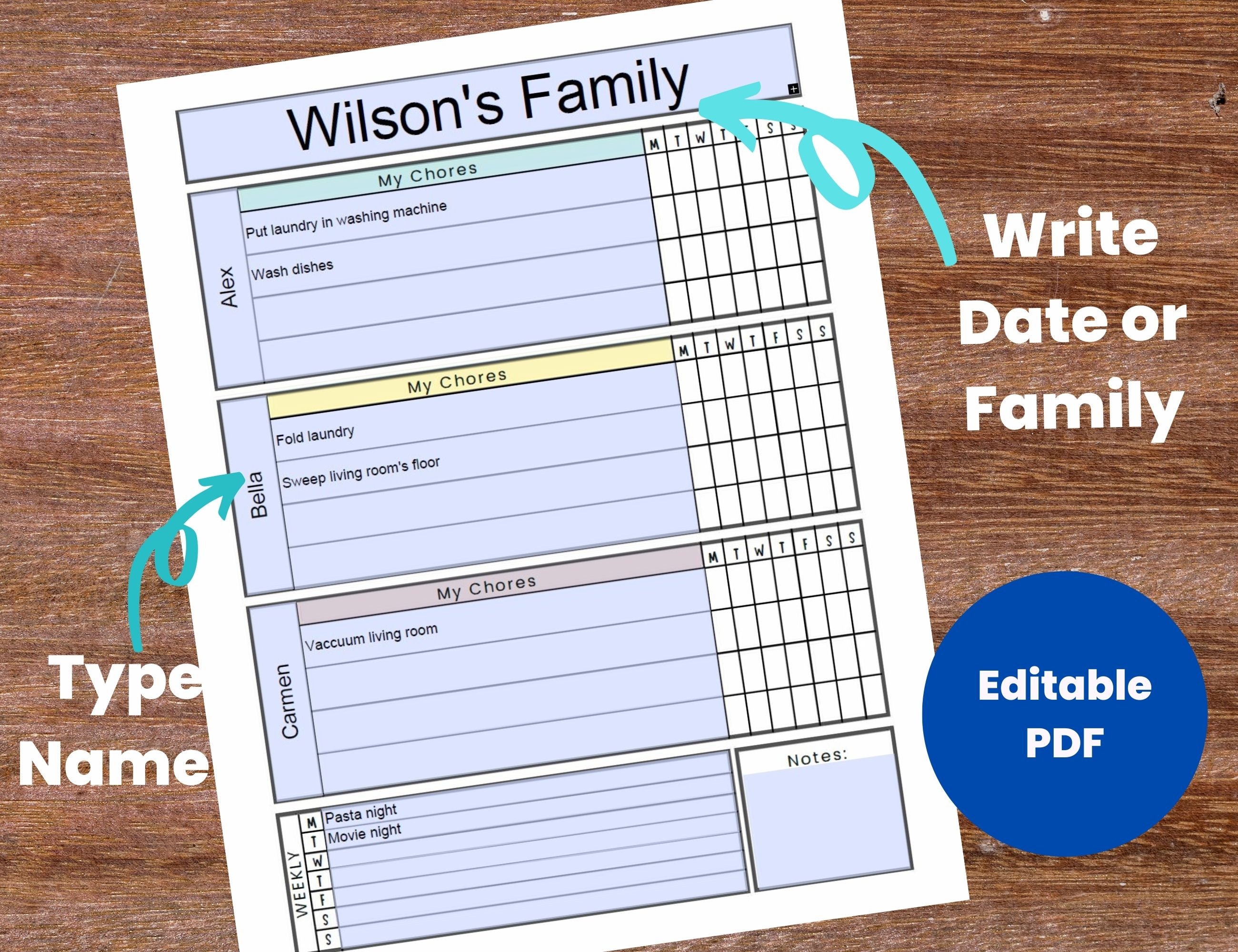 Editable Family Chore Chart for Family of 3, Chore Tracker, Chore Chart ...