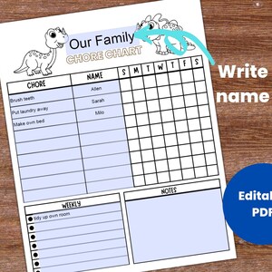 Editable Dinosaur Chore Chart for Kids Printable, Family Responsibility ...