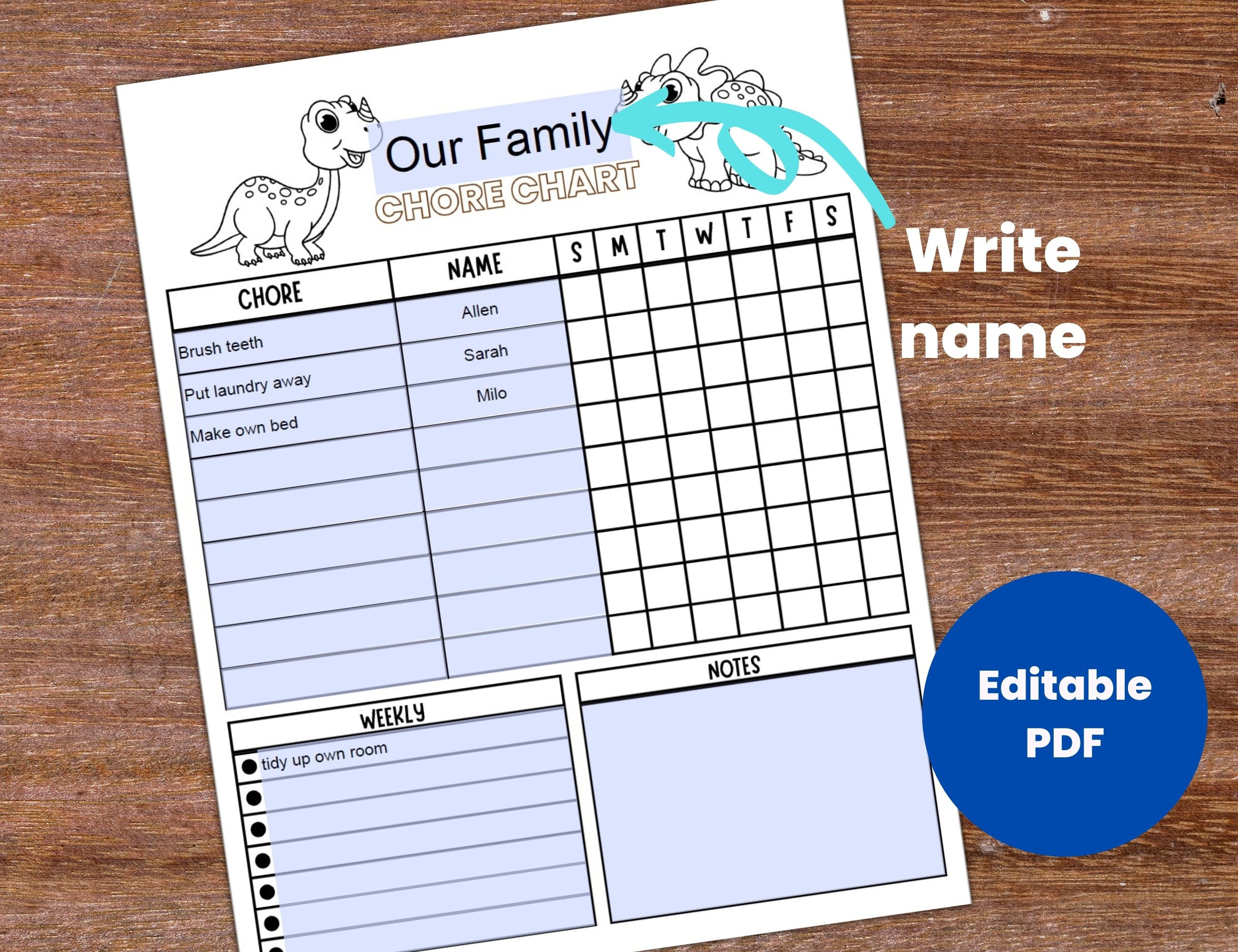 Editable Dinosaur Chore Chart for Kids Printable, Family Responsibility ...