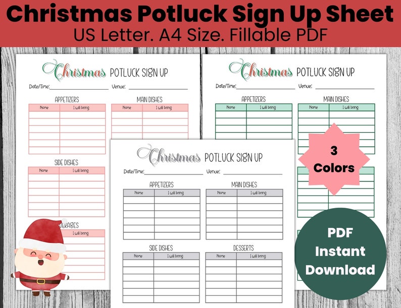 Christmas Potluck Sign up Sheet Editable Template, Potluck Party for ...