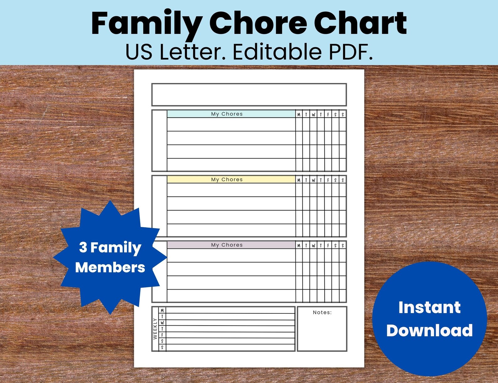 Editable Family Chore Chart for Family of 3, Chore Tracker, Chore Chart ...