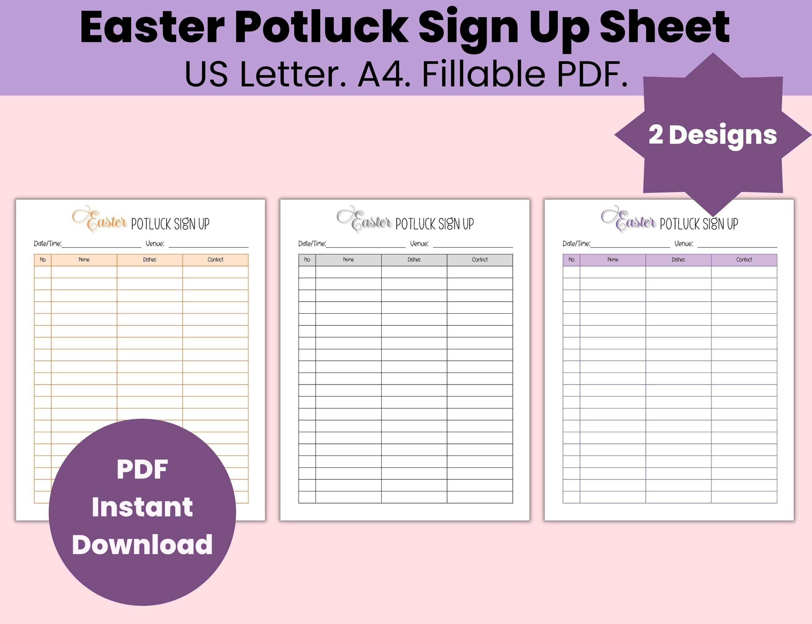 Easter Potluck Sign up Sheet Template Editable, Easter Party Food Ideas ...