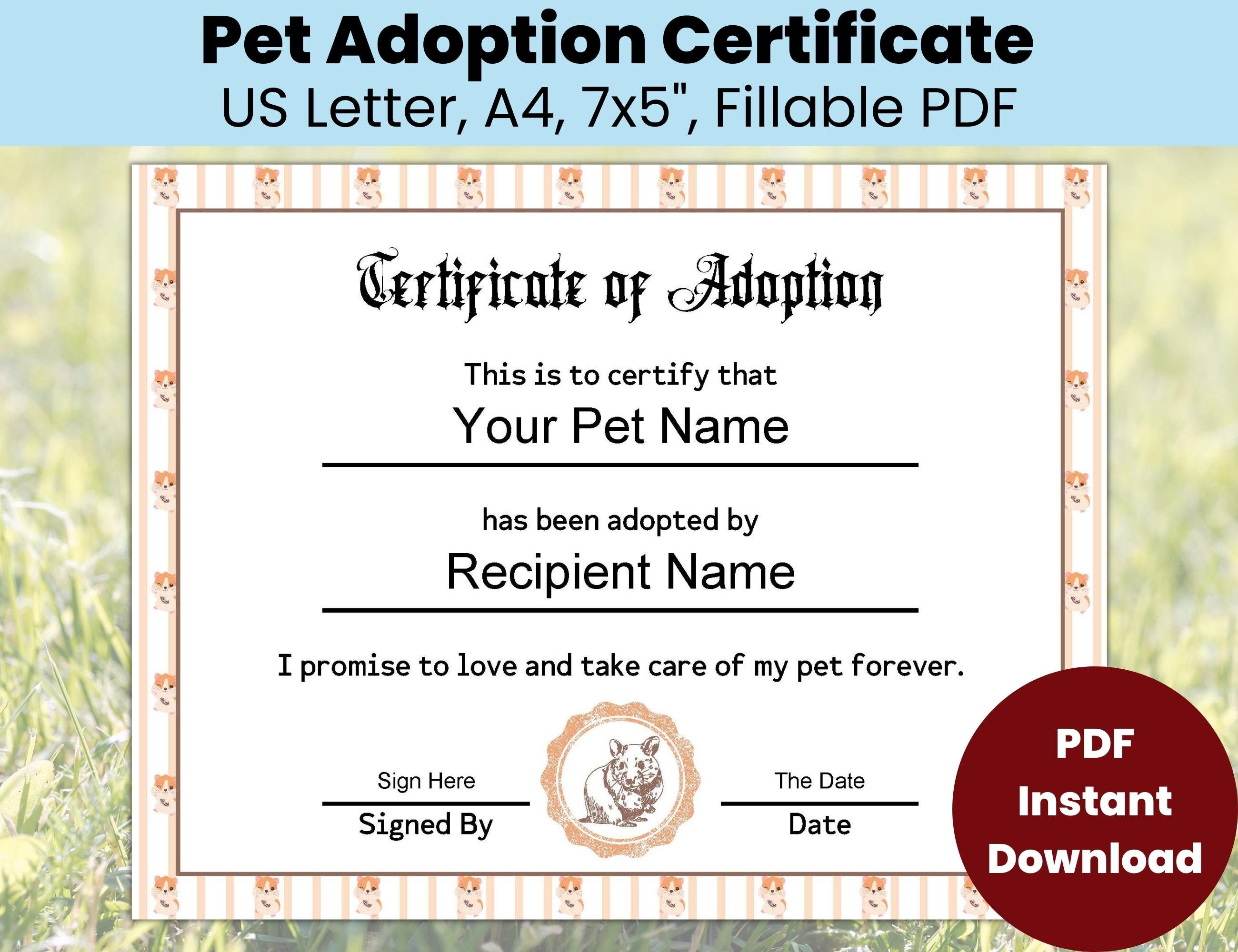 Pet Hamster Adoption Certificate, Custom Editable Certificate Template ...