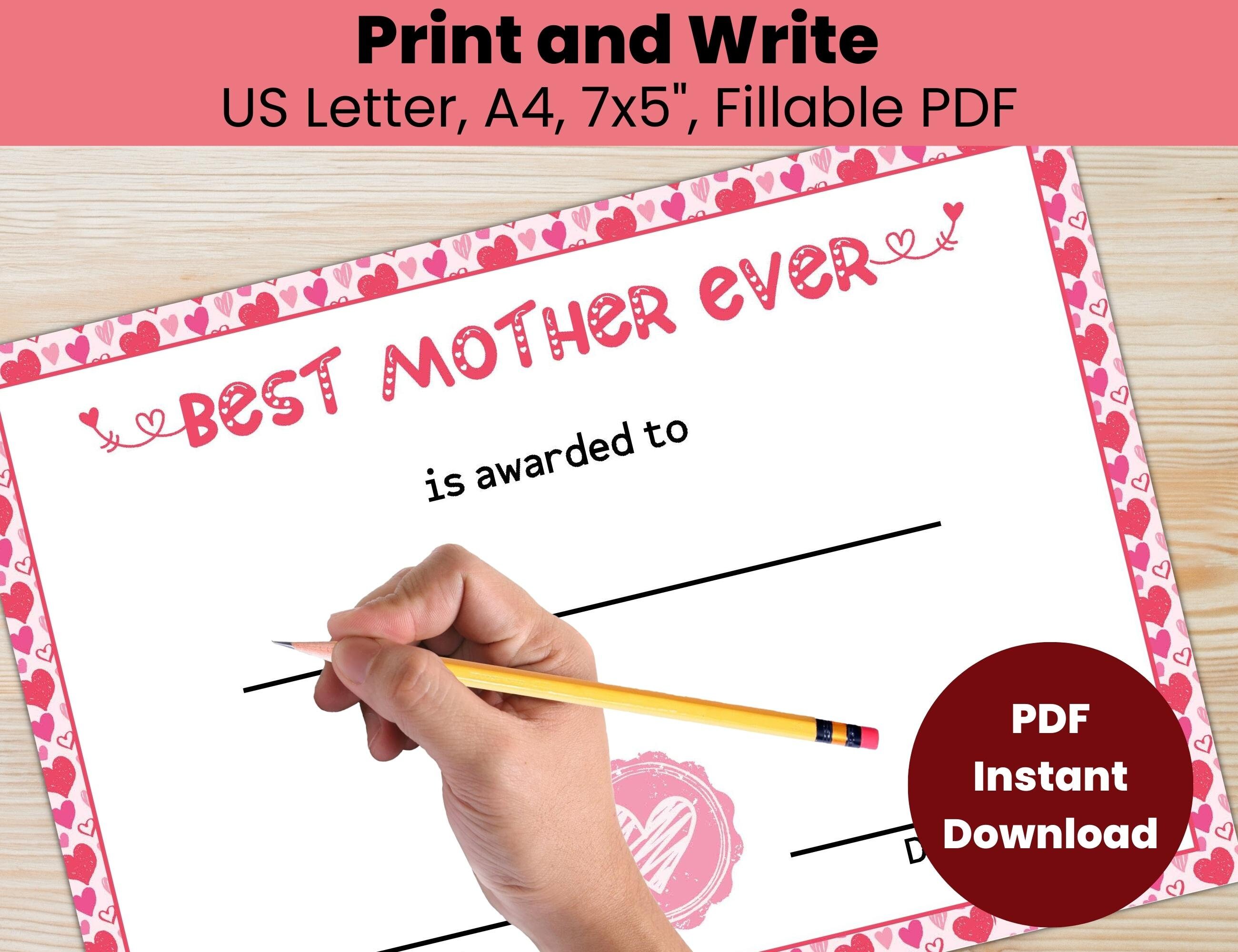 Best Mother Ever Award Certificate Editable Template, Custom Mother's ...